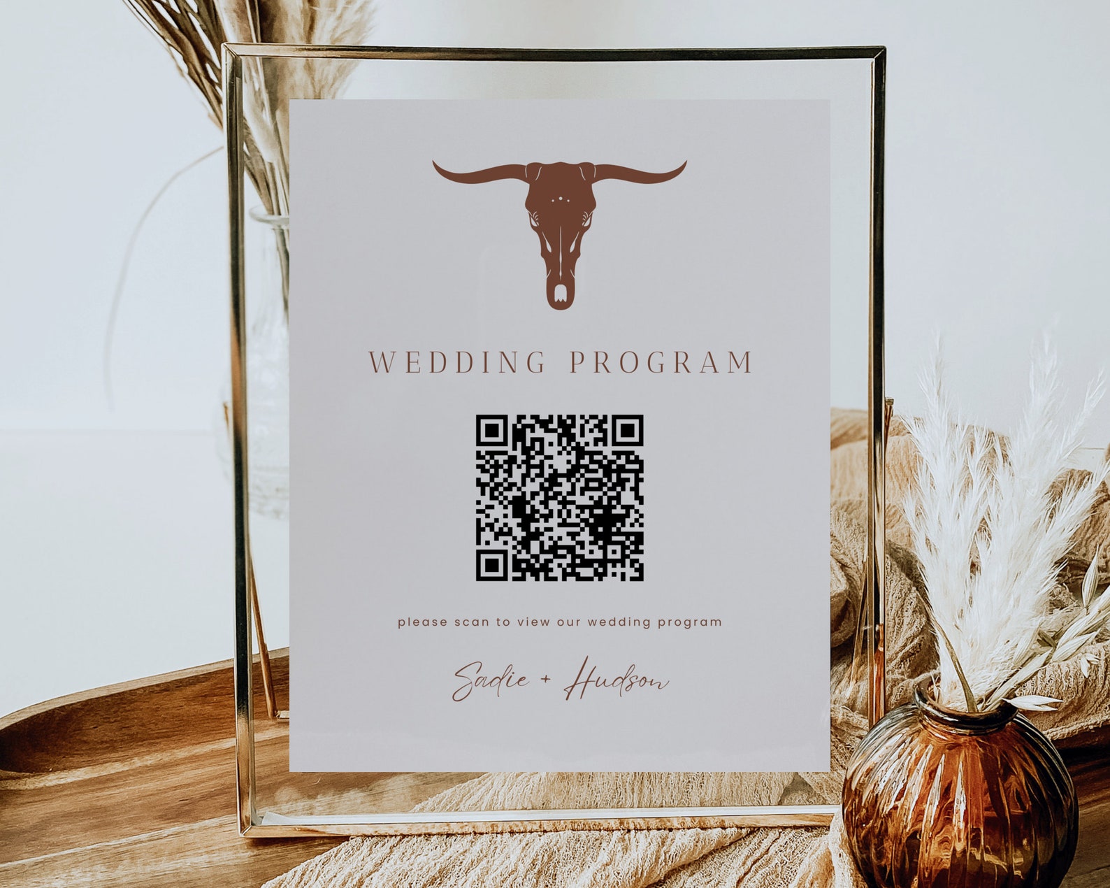Western Terracotta Wedding Program Sign Template, Rust QR Code Wedding ...
