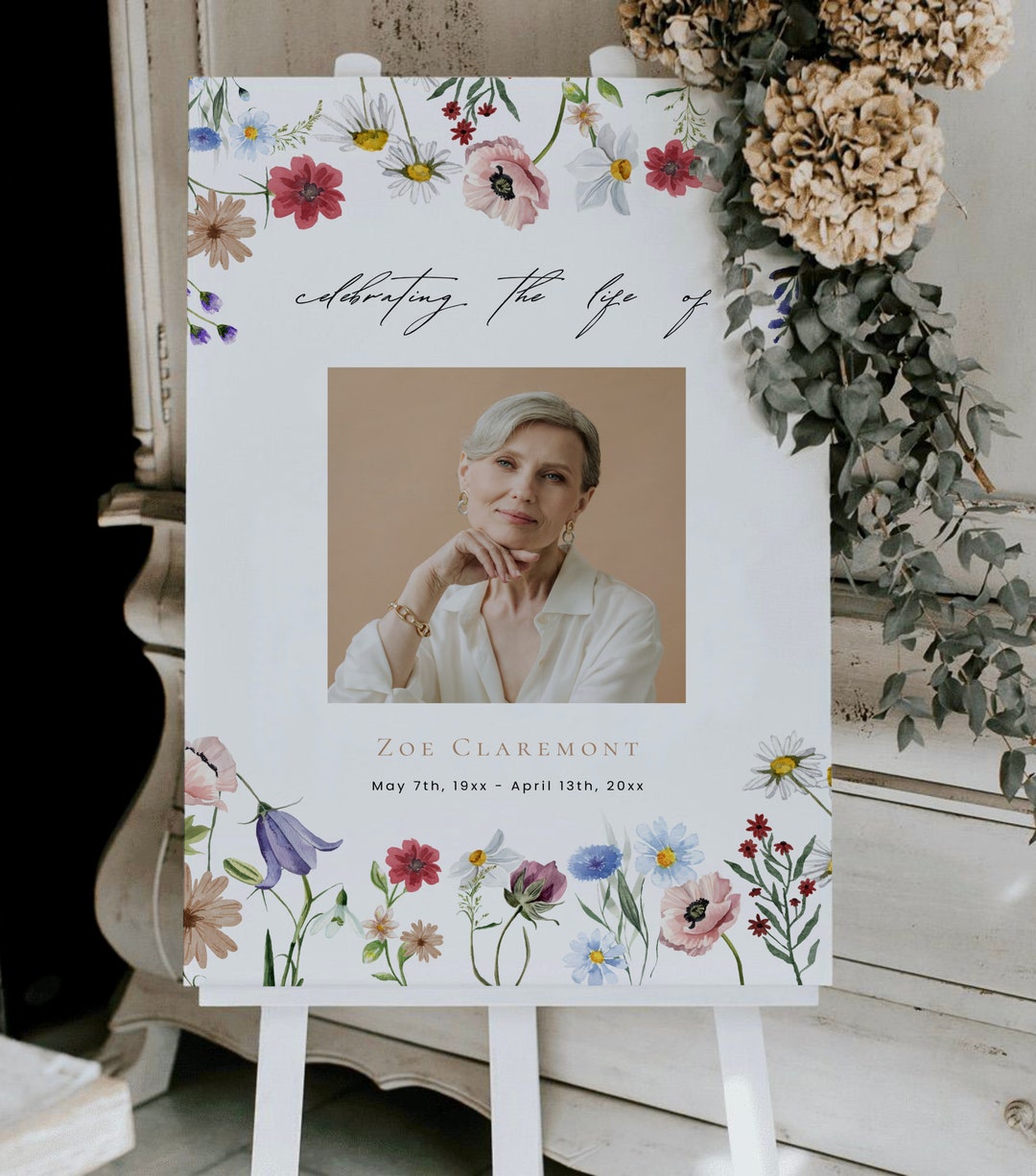Wildflower Celebration of Life Poster Template, Floral Funeral Welcome ...