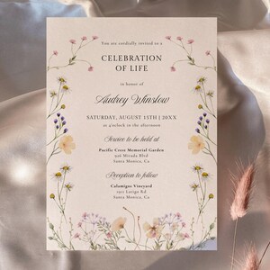Elegant Floral Celebration of Life Invitation Template, Wildflower ...