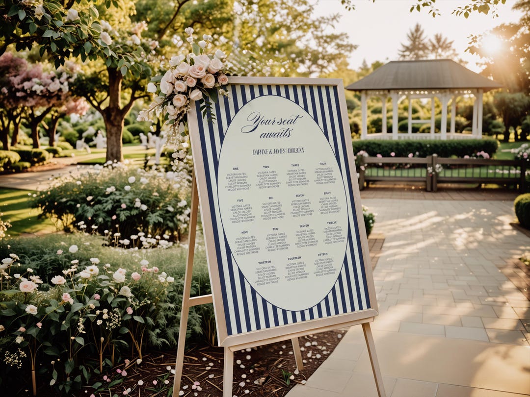 Classic Navy Blue Pinstripe Wedding Seating Chart Template, Elegant ...