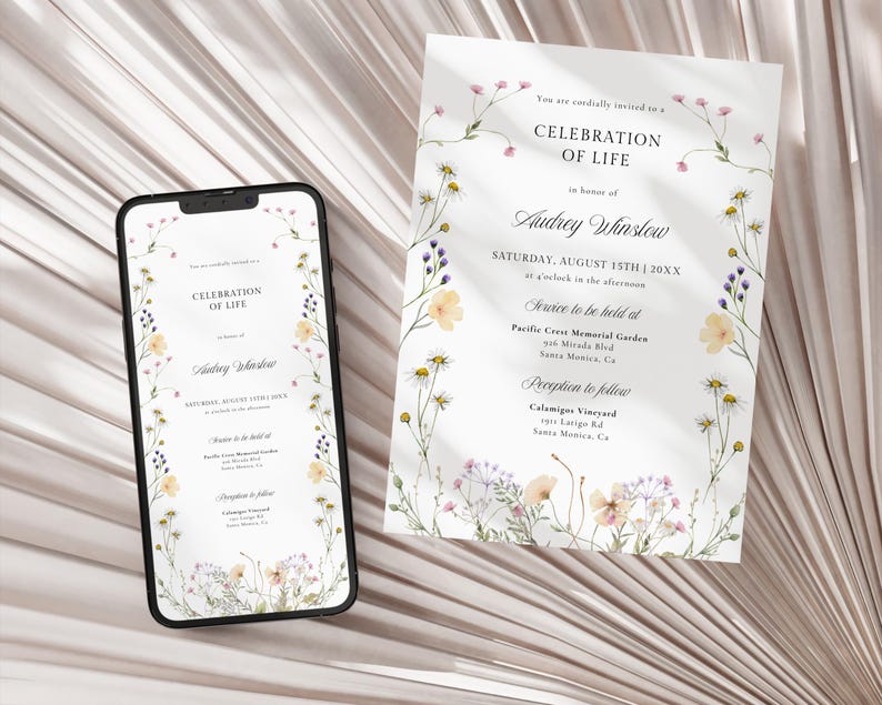 Elegant Floral Celebration of Life Invitation Template, Wildflower ...