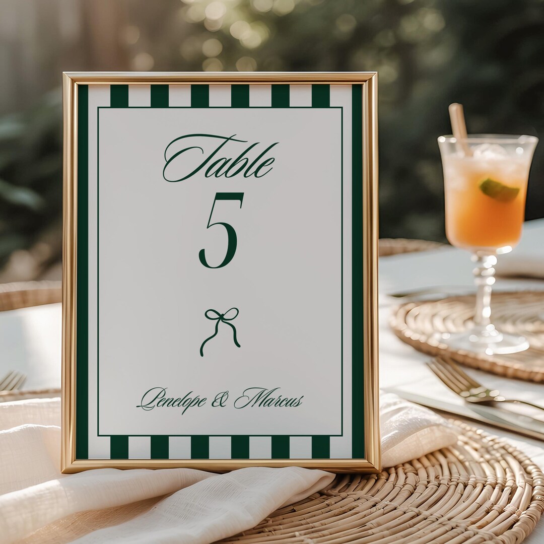 Old Money Striped Table Number Sign Template, Elegant Emerald Wedding ...