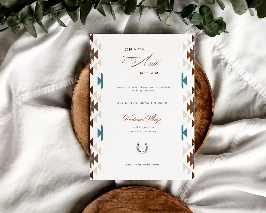 Southwestern Wedding Invitation Template, All-in-one Desert Wedding Invite, Turquoise Tribal ...