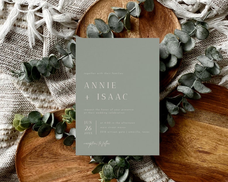 Minimalist Sage Green Wedding Invitation Template Modern Sage - Etsy
