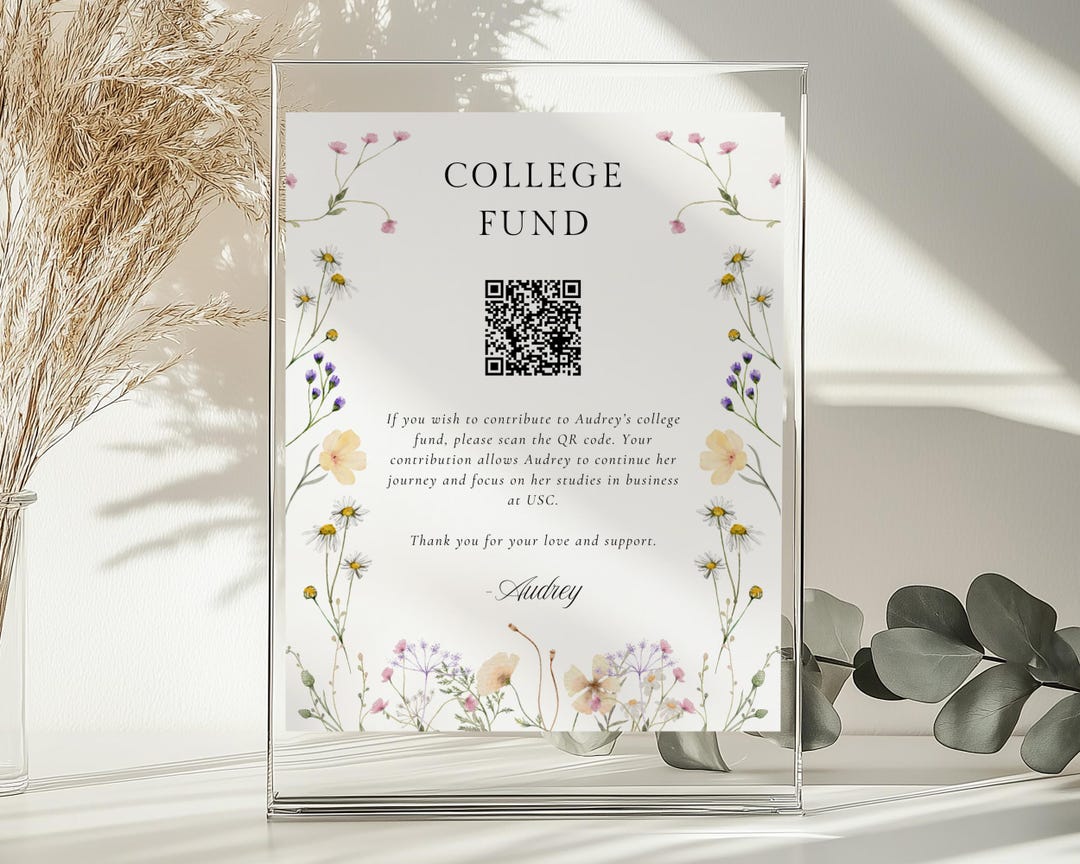 Elegant Floral College Fund Sign, Wildflower Wreath QR Code College ...