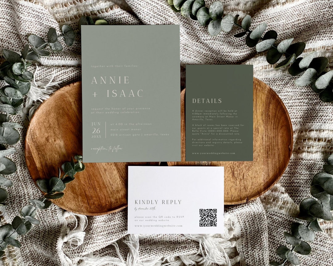 Minimalist Sage Green Wedding Invitation Suite, Modern Olive Green ...