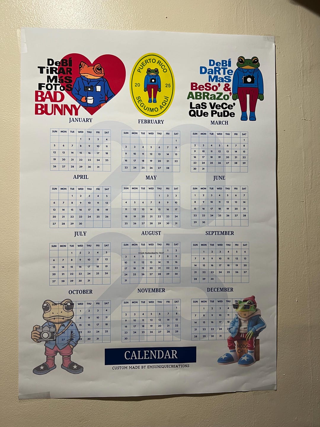Extra Large Bad Bunny Wall Calendar, Bad Bunny Cubicle Calendar, Bad ...