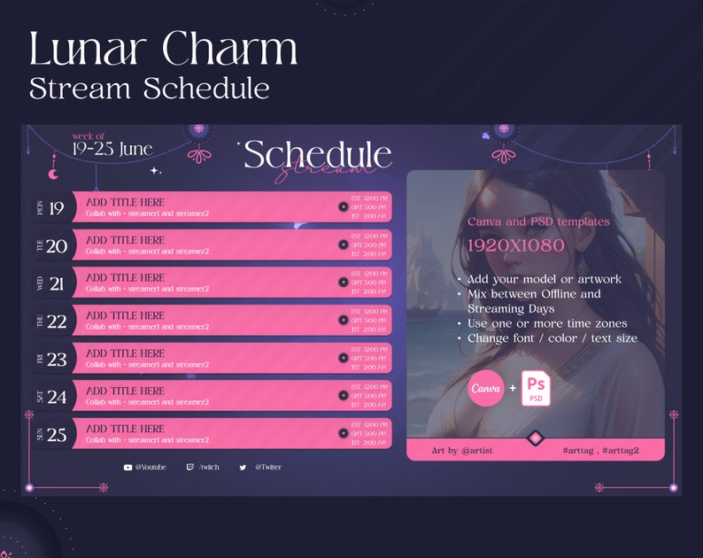 Pink Purple Stream Schedule | Lunar Charm Vtuber Planner (canva & PSD ...
