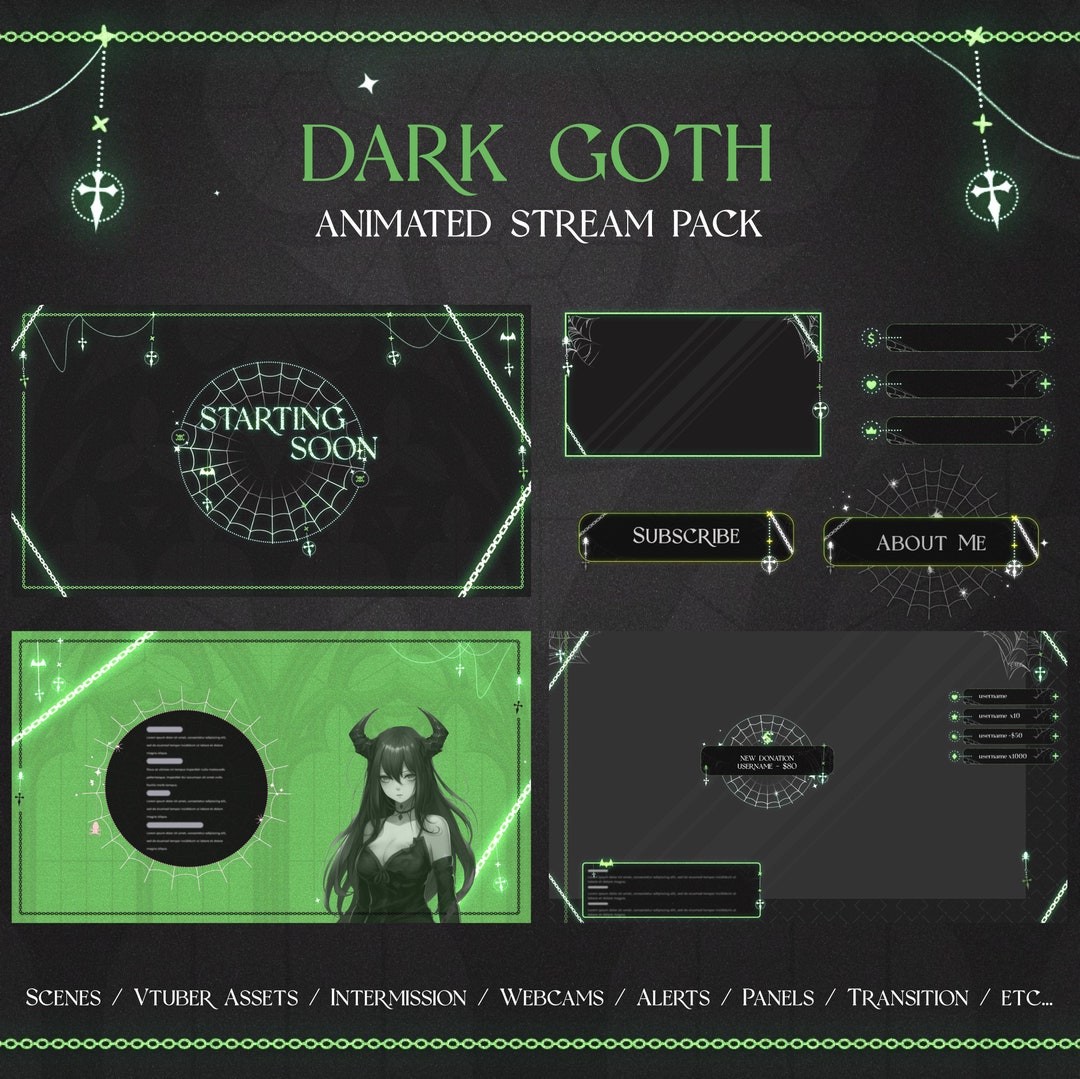 Dark Black and Green Goth Animated Stream Pack | Chatting Animated ...
