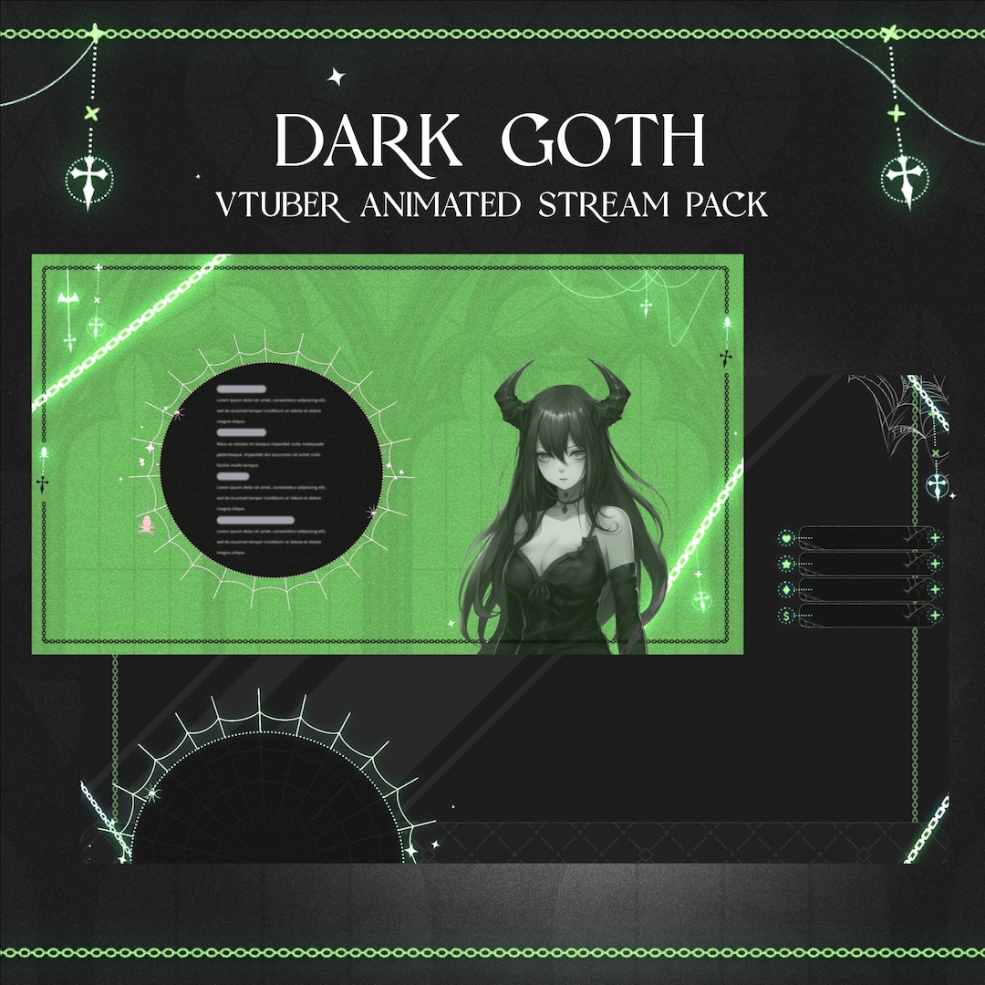Vtuber Green Dark Goth Animated Stream Pack | Chatting and Game ...