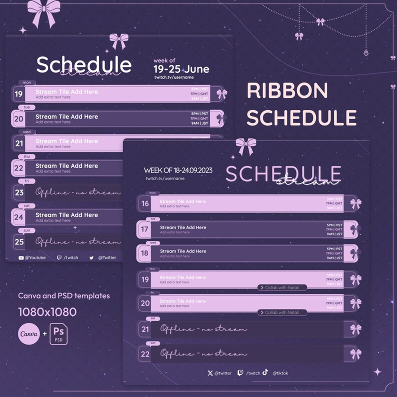 Pastel Ribbon Stream Schedule | Vtuber Weekly Planner (canva & PSD) - Etsy