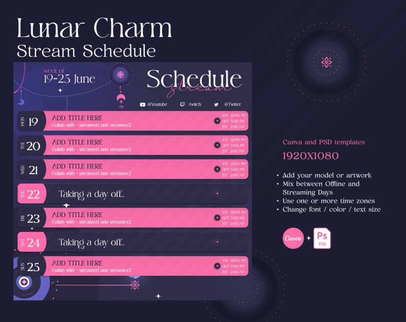 Pink Purple Stream Schedule | Lunar Charm Vtuber Planner (canva & PSD ...