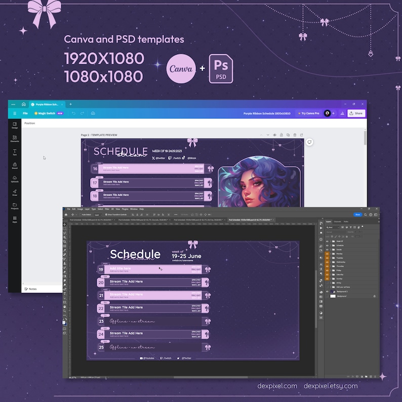 Pastel Ribbon Stream Schedule | Vtuber Weekly Planner (canva & PSD) - Etsy