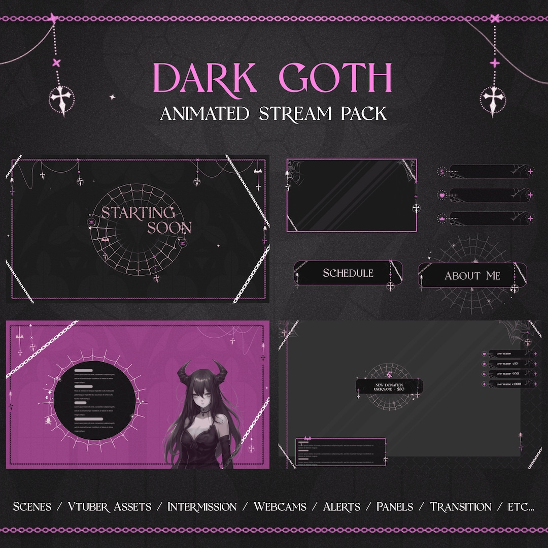 Pink Dark Goth Animated Stream Pack | Chatting and Game Animated Overlays | Animated Stream ...