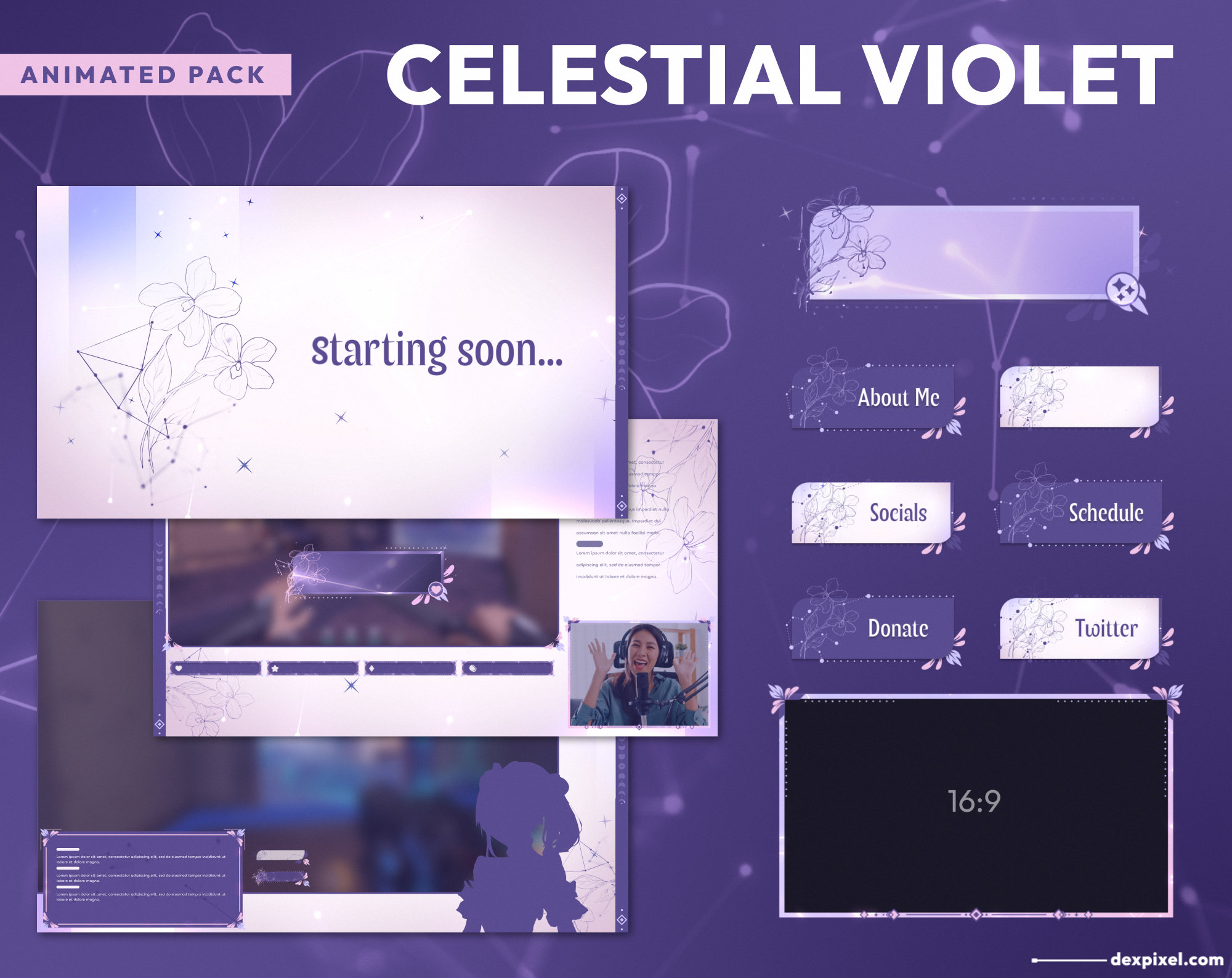 Celestial Violet Stream Pack: Animated Purple Pastel Vtuber Overlays ...