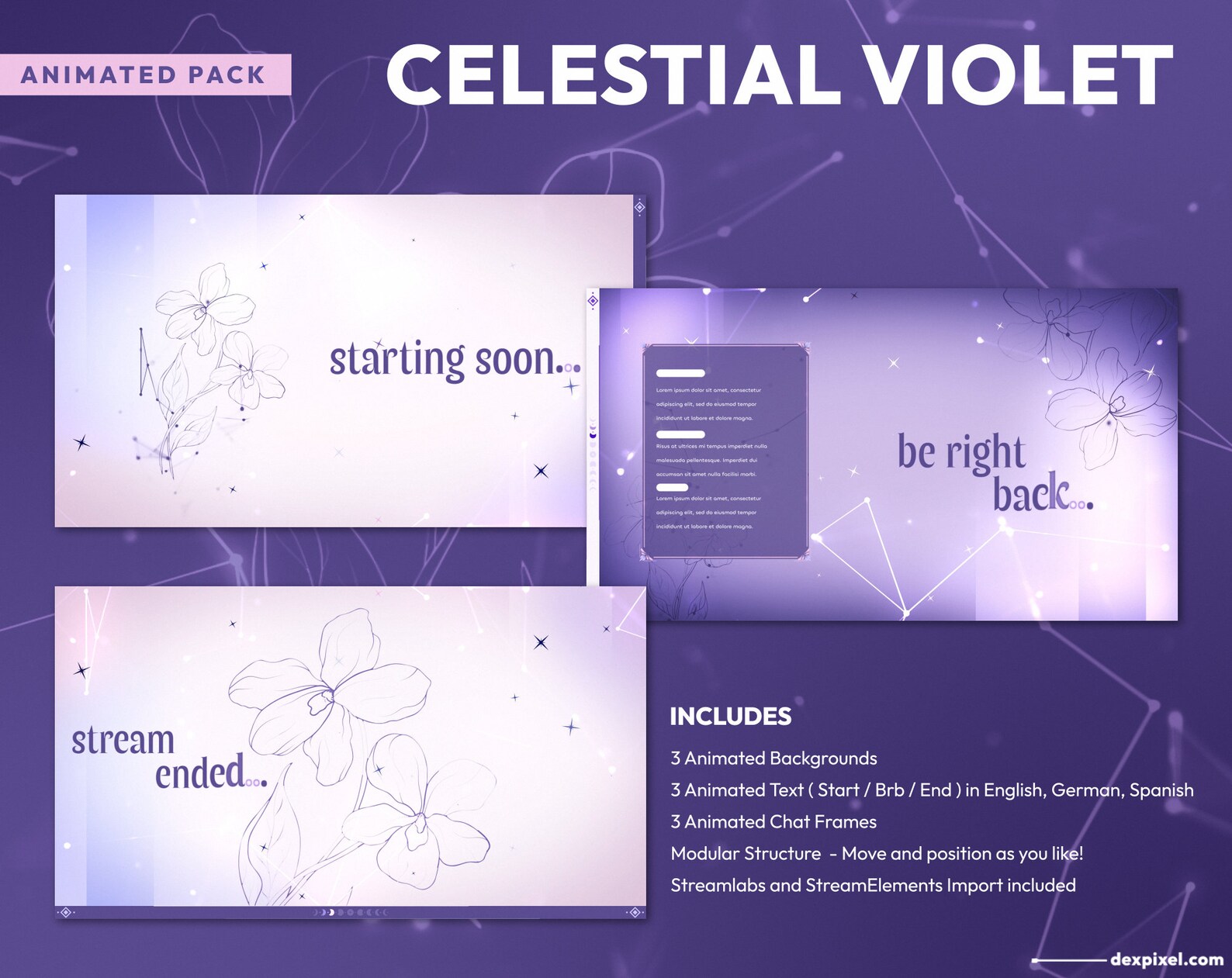 Celestial Violet Stream Pack: Animated Purple Pastel Vtuber Overlays ...