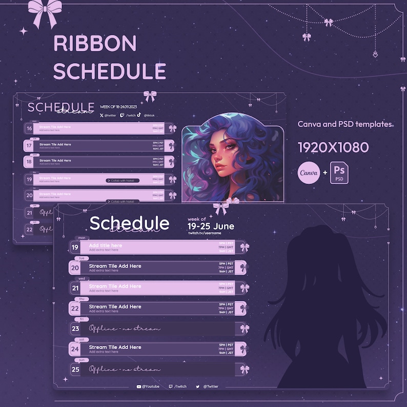 Pastel Ribbon Stream Schedule | Vtuber Weekly Planner (canva & PSD) - Etsy
