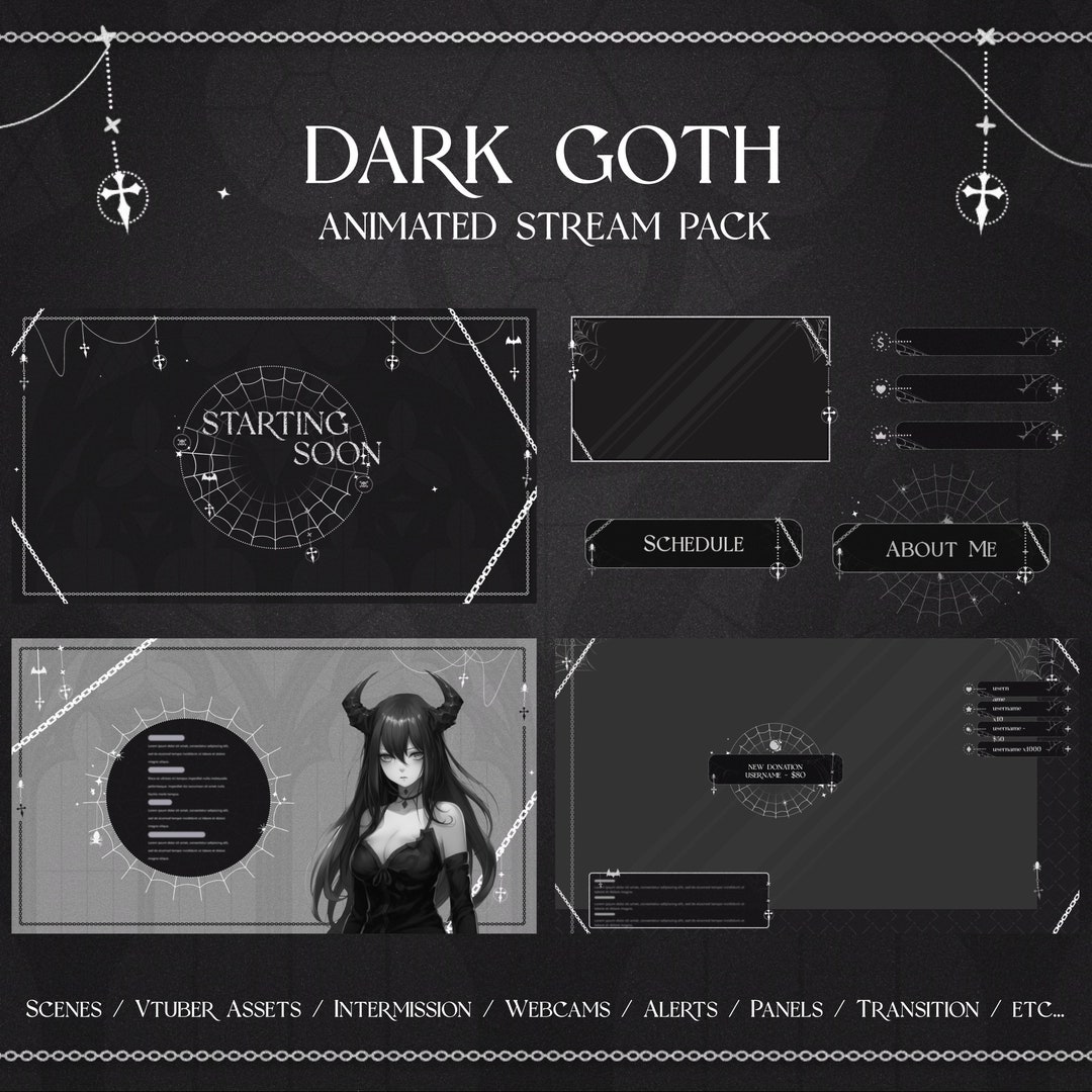 Dark Black&white Goth Animated Stream Pack | Chatting Animated Overlays ...