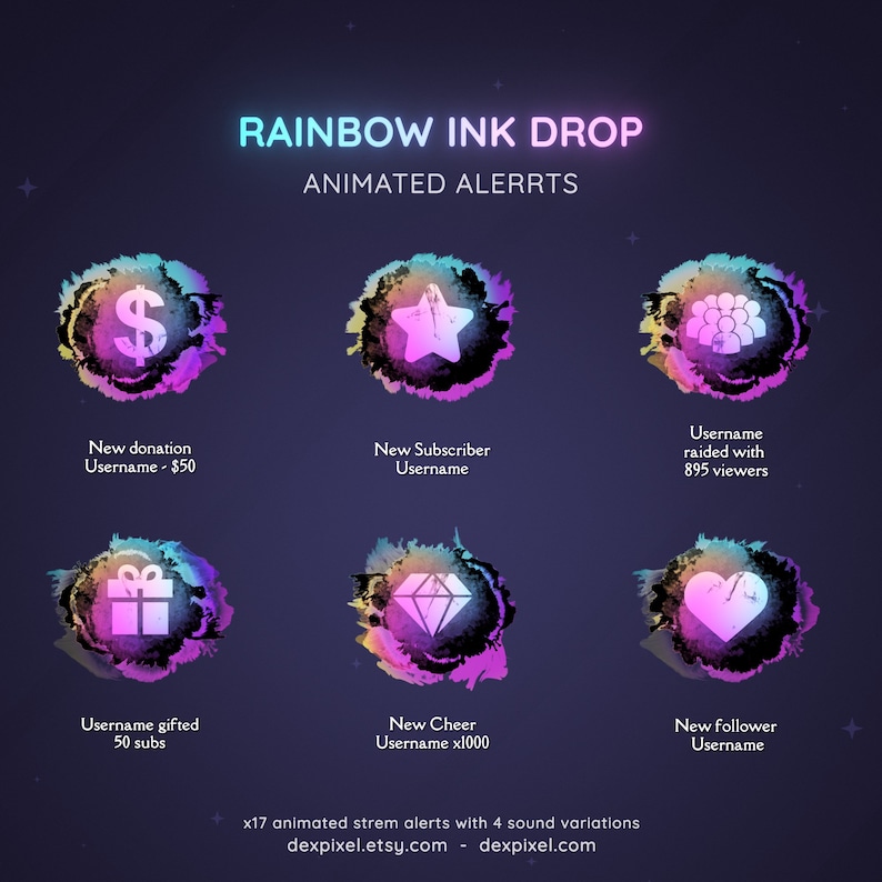 Rainbow Ink Drop Animated Twitch Stream Alerts | 17 Webm Alerts - Etsy