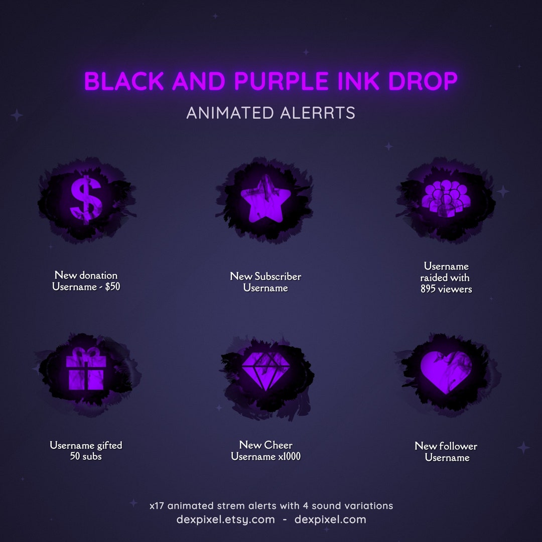 Black and Purple Ink Drop Animated Twitch Alerts | 17 Webm Alerts - Etsy
