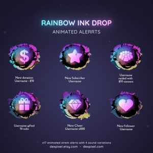 Black Iridescent Rainbow Ink Drop Animated Twitch Stream Alerts | Ink ...