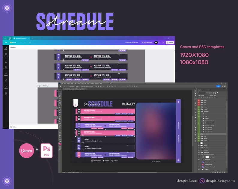 Purple Pink Stream Schedule | Vtuber Weekly Planner (canva & PSD) - Etsy