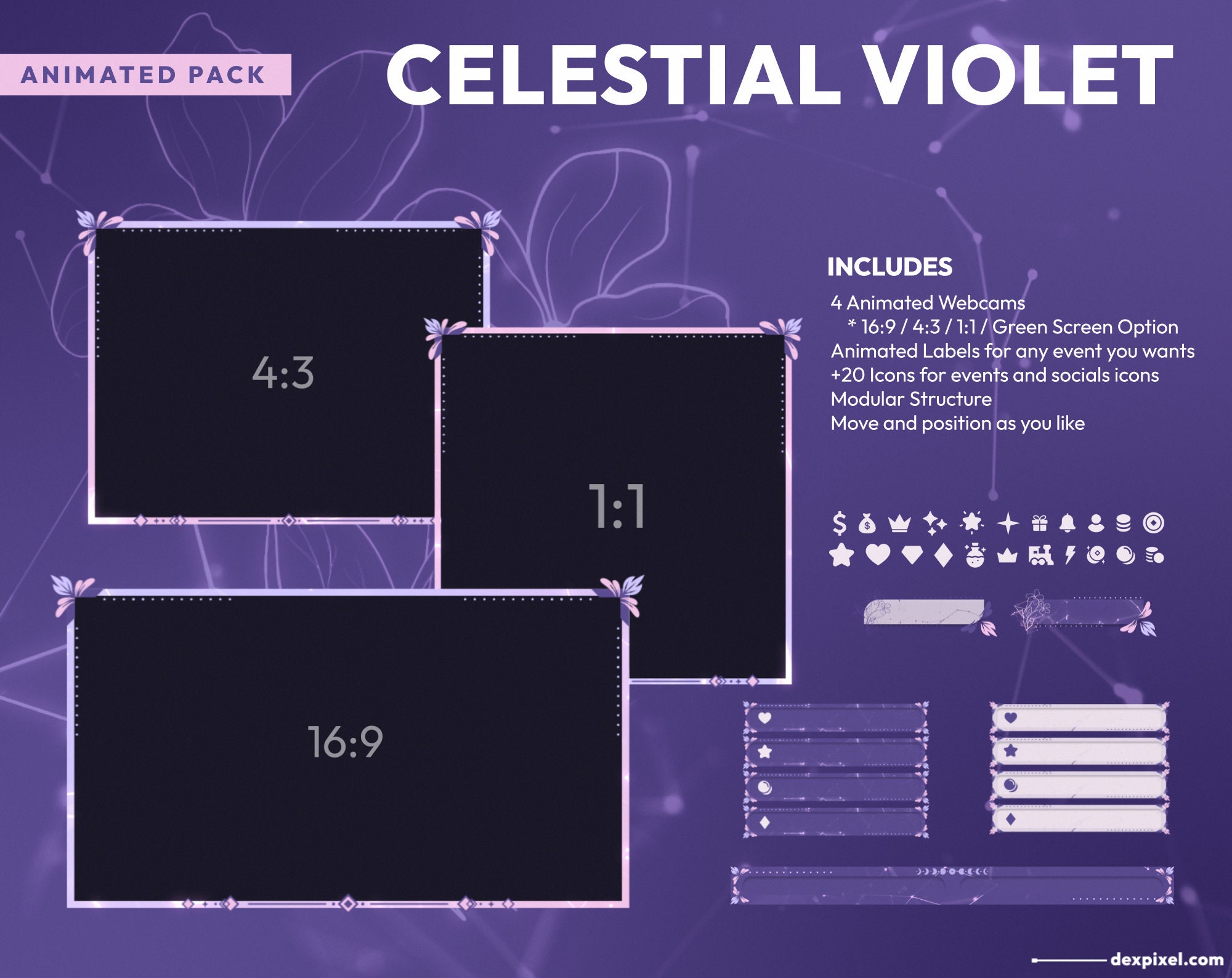 Celestial Violet Stream Pack: Animated Purple Pastel Vtuber Overlays ...