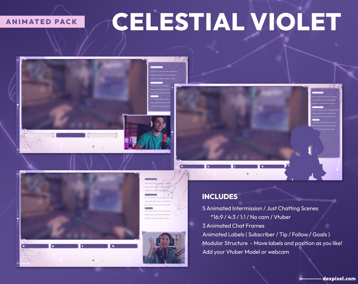 Celestial Violet Stream Pack: Animated Purple Pastel Vtuber Overlays ...