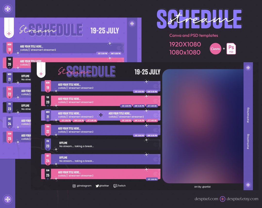 Purple Pink Stream Schedule | Vtuber Weekly Planner (canva & PSD) - Etsy