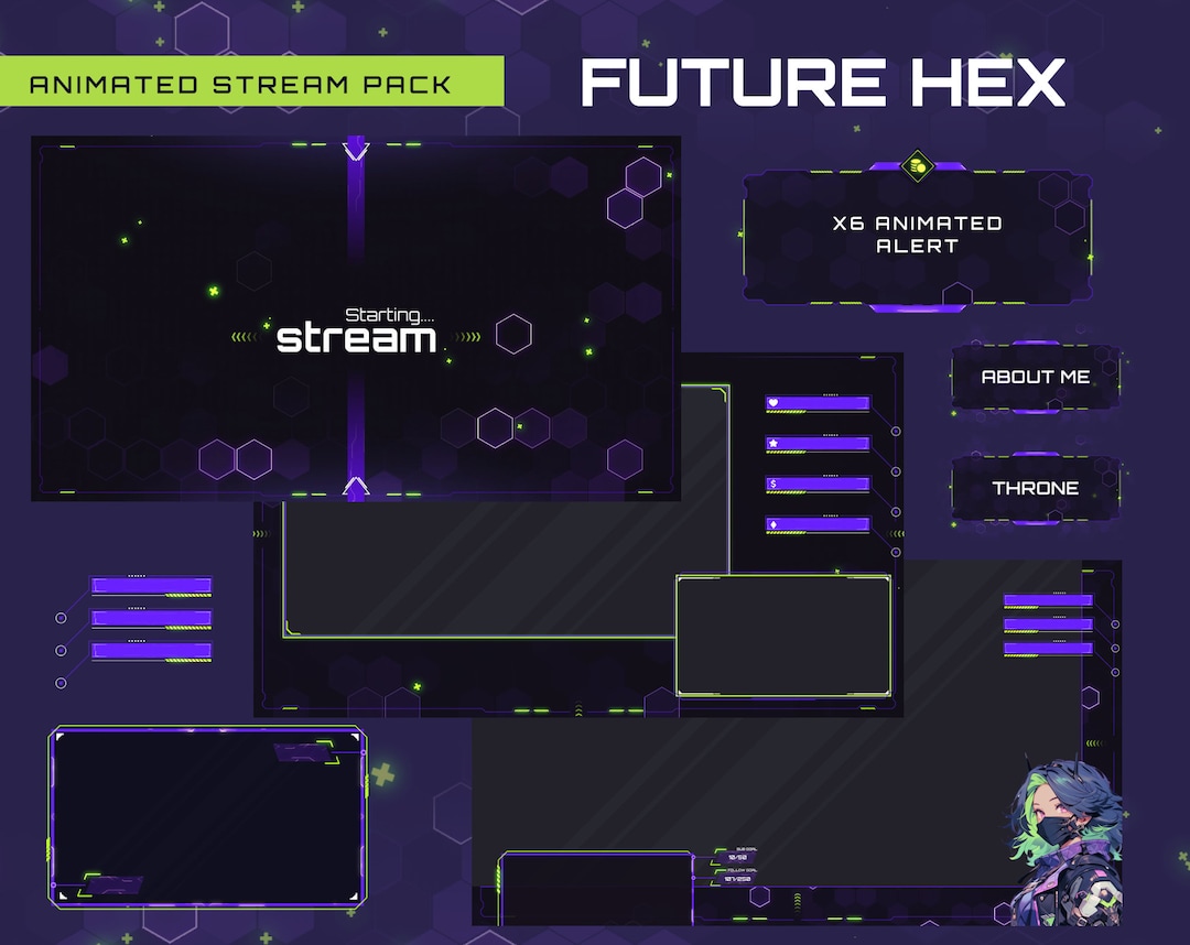 Purple Green Futuristic Hexagonal Animated Stream Pack | Hex Glitch ...