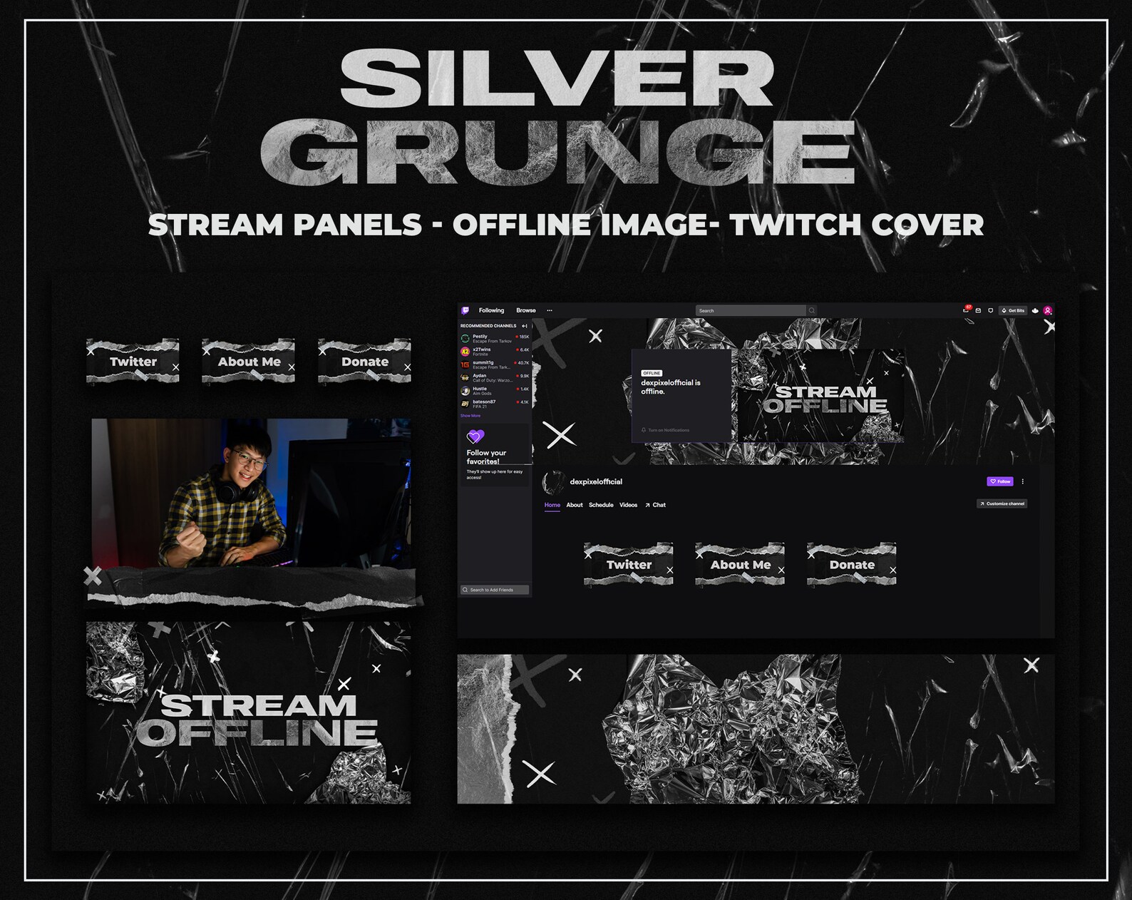 Silver Grunge Stream Livestream Package Twitch Streaming Overlays ...