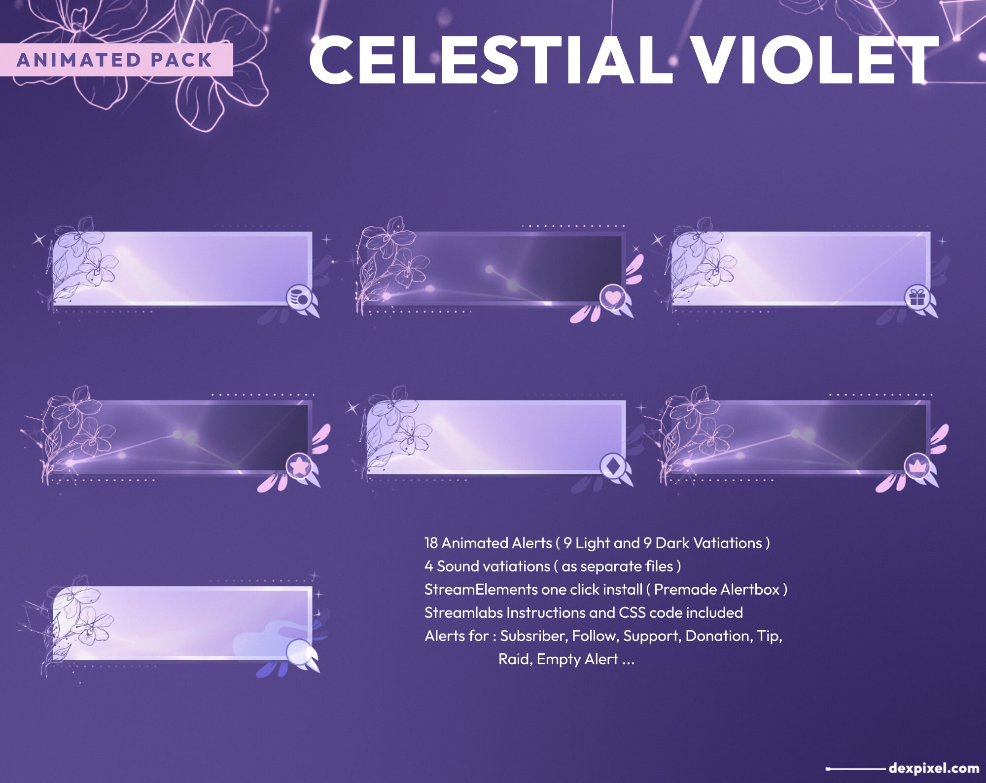 Celestial Violet Stream Pack: Animated Purple Pastel Vtuber Overlays ...
