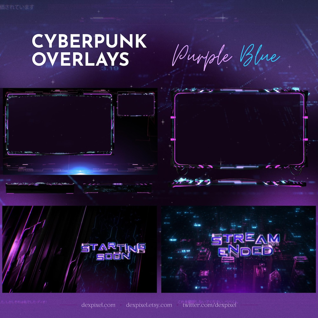 Cyberpunk Purple Blue Animated Stream Scenes. Glitch Futuristic Neon ...