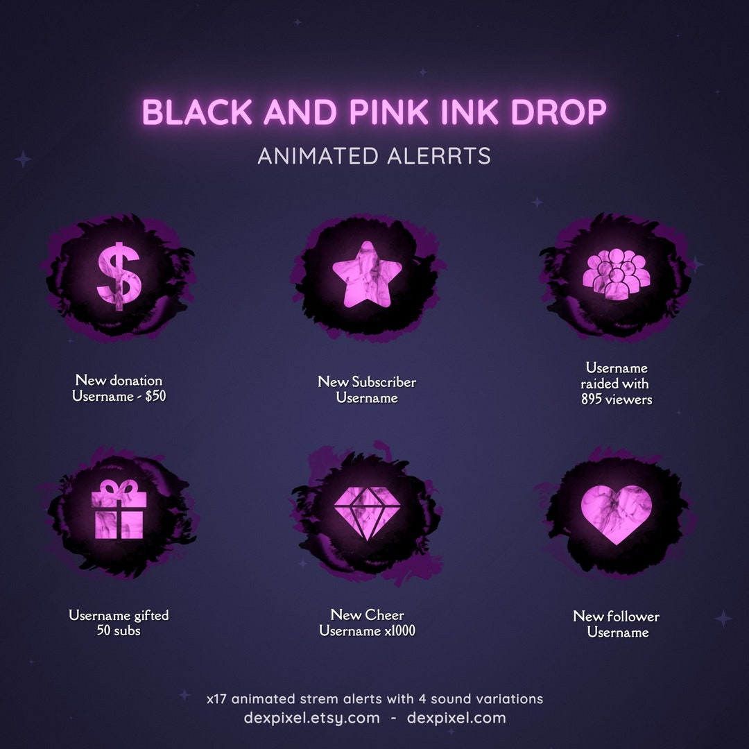 Black and Pink Ink Drop Animated Twitch Stream Alerts | Ink Drop ...