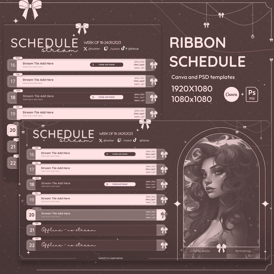 Pastel Ribbon Stream Schedule | Vtuber Weekly Planner (canva & PSD) - Etsy