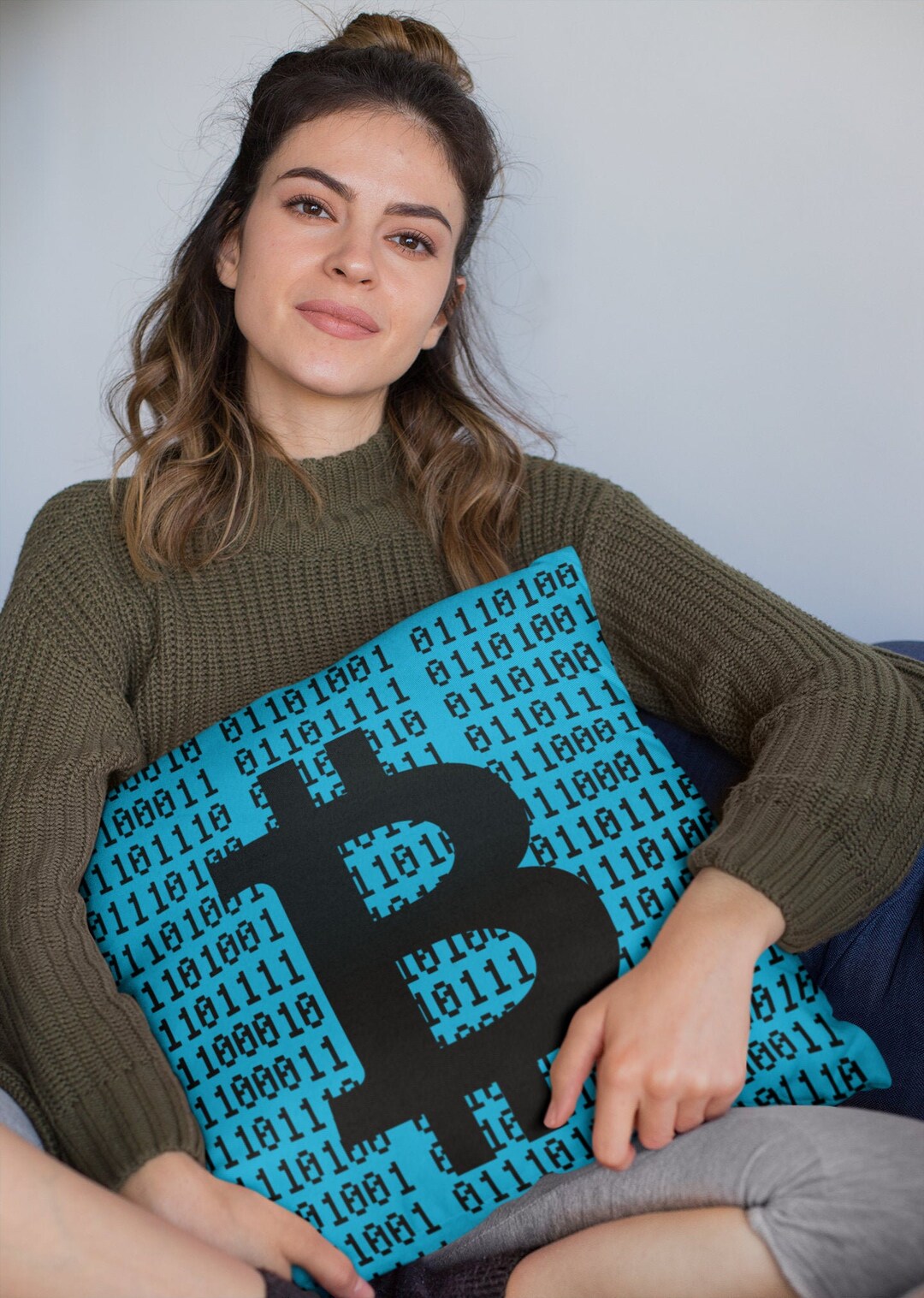 Bitcoin Binary Code Pillow BTC Blue Cryptocushion Home Décor Gift for Cryptocurrency Lover Gift ...