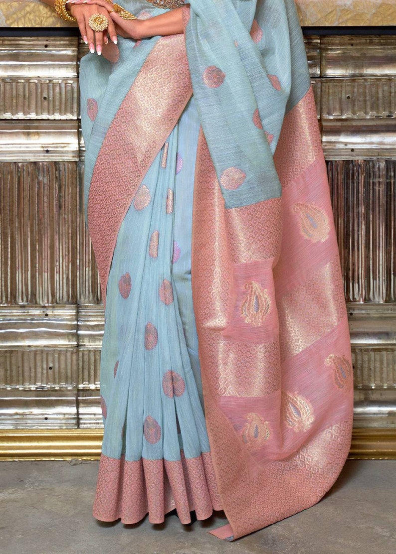 Jungle Mist Blue and Pink Zari Woven Linen Saree With Brocade - Etsy