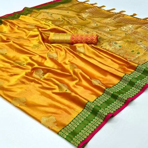 Sunshine Yellow Pure Satin Chaap Handloom Weaving Silk With Beautiful ...