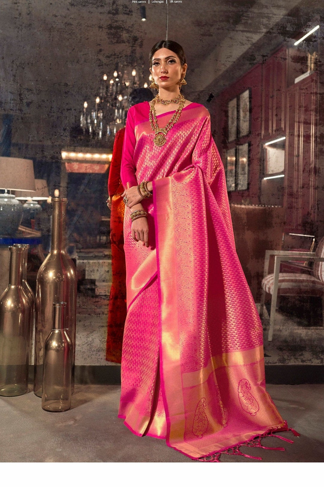 Saree for Wedding Royal Princess Golden Pink WEAVING SILK Saree With ...