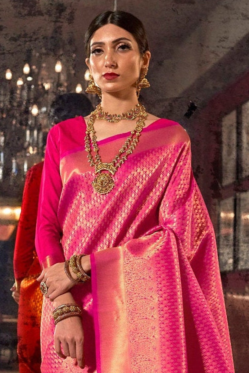 Saree for Wedding Royal Princess Golden Pink WEAVING SILK | Etsy