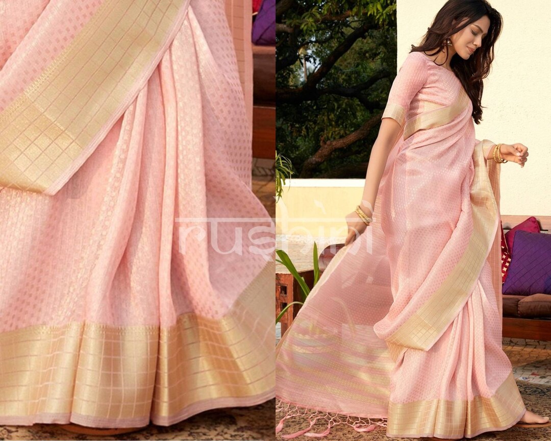 Millenial Pink Tissue Chanderi Zari Saree With Double Blouse - Etsy