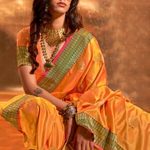 Sunshine Yellow Pure Satin Chaap Handloom Weaving Silk With Beautiful ...