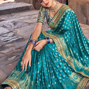 Peacock Blue Woven Designer Satin Silk Saree With Embroidery - Etsy