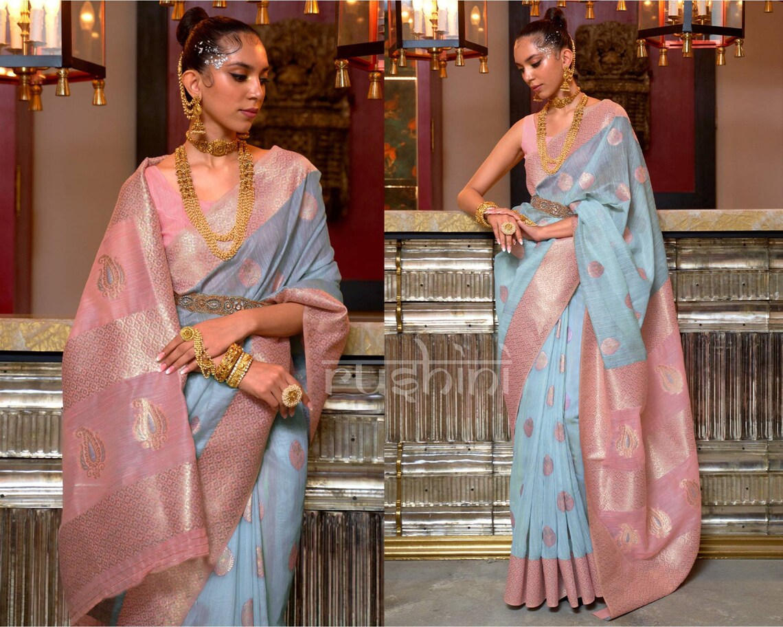 Jungle Mist Blue and Pink Zari Woven Linen Saree With Brocade - Etsy