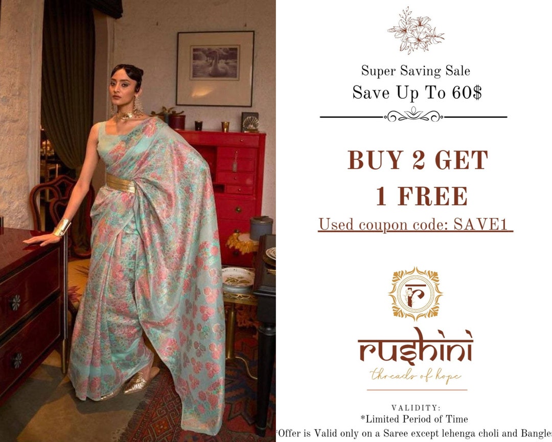 Kashmiri Handloom Weaving Saree With Beautiful Flower Design on All ...