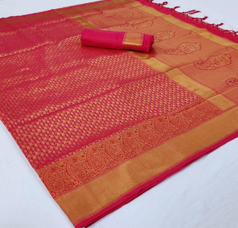 Saree for Wedding Royal Princess Golden Pink WEAVING SILK | Etsy