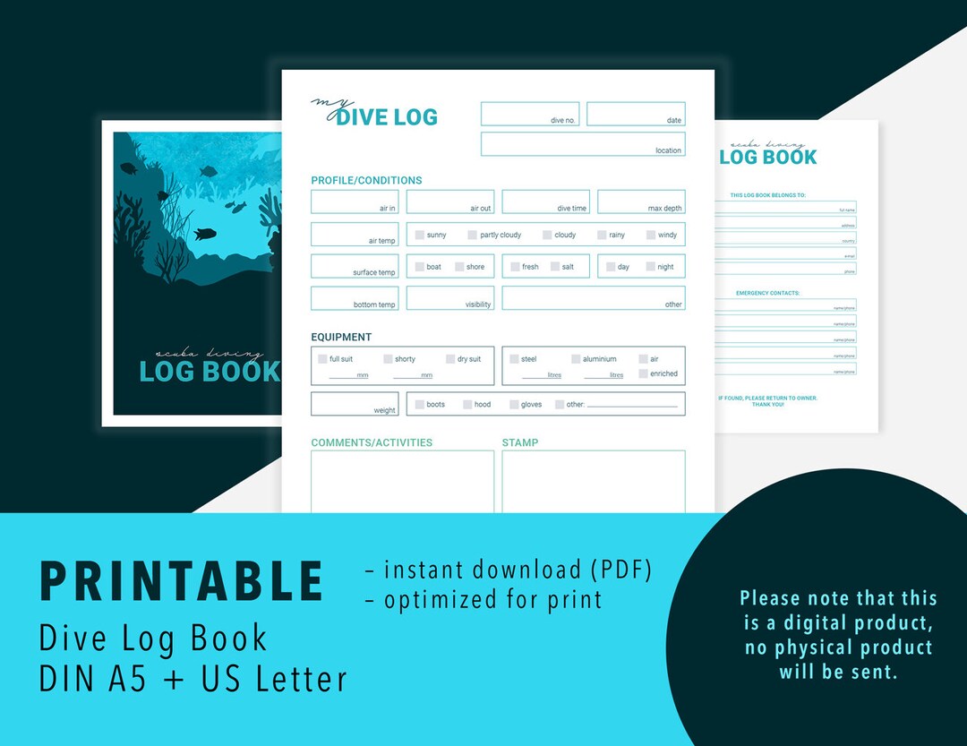 Scuba Diving Logbook DIN A5/US Half Letter (instant PDF Download) - Etsy