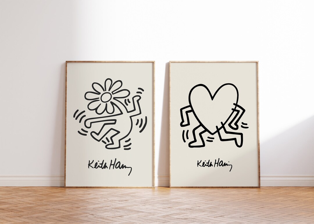Keith Haring Print Set of 2, Dancing Flower Wall Art, Running Heart ...