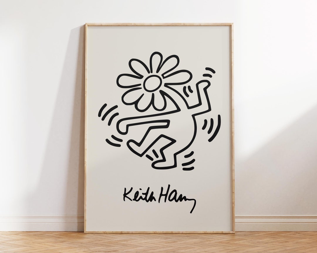 Keith Haring Retro Print, Dancing Flower Wall Art, Minimal Pop Art ...