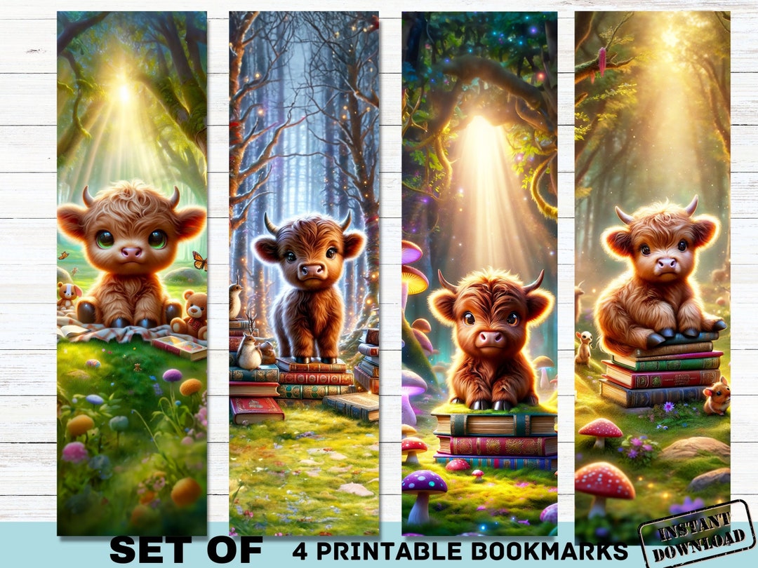 4 Cute Highland Cow Bookmarks Digital Printable Bookmarks Set of 4 PNG ...